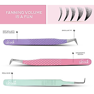 SIVOTE Lash Tweezers for Eyelash Extensions, Set of 3 - Volume, Volume Boot, Slim 90 Degree Tweezers with Fiber Tips in Pastel Colors, Ideal for Mega, Volume & Russian Lashes - Includes Leather Pouch