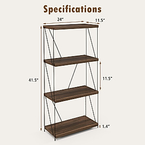 Giantex 4-Tier Open-Back Bookshelf, Freestanding Display Rack, Metal Frame Storage Shelf, Industrial Style Bookcase, Home Organizer Unit for Living Room, Bedroom, Study