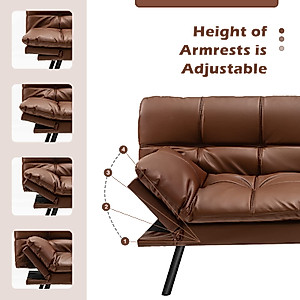 Giantex Futon Sofa Bed, Convertible Memory Foam Futon Couch Sleeper with Adjustable Backrest and Armrests, Modern Loveseat for Compact Living Spaces, Small Apartments Home Office (Brown)