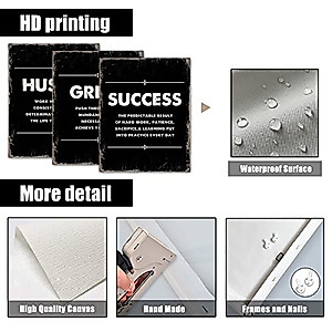 Framed Canvas Inspirational Quotes Wall Art, Hustle Grind Success Wall Art Set, Black Large Poster, Motivational Posters for Office, for Home Office Workplace, (12"X16", Set of 3, Frame)