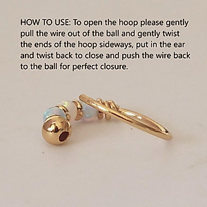 Handmade Gold Single 10MM Cartilgae Helix Piercing Hoop Earring with Trio Blue&White Opal, Gold Plated over Sterling Silver Very Small Thin 22Gauge Hoop for women, By Miya Jewelry Creations