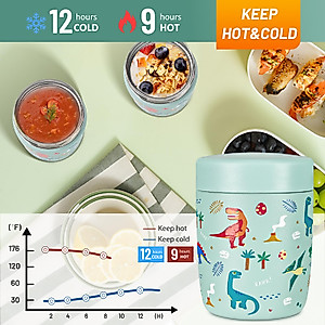 Charcy 9oz Stainless Steel Vacuum Insulated Kids Food Jar - Soup Thermo for Hot & Cold Food - Turquoise Dinosaur