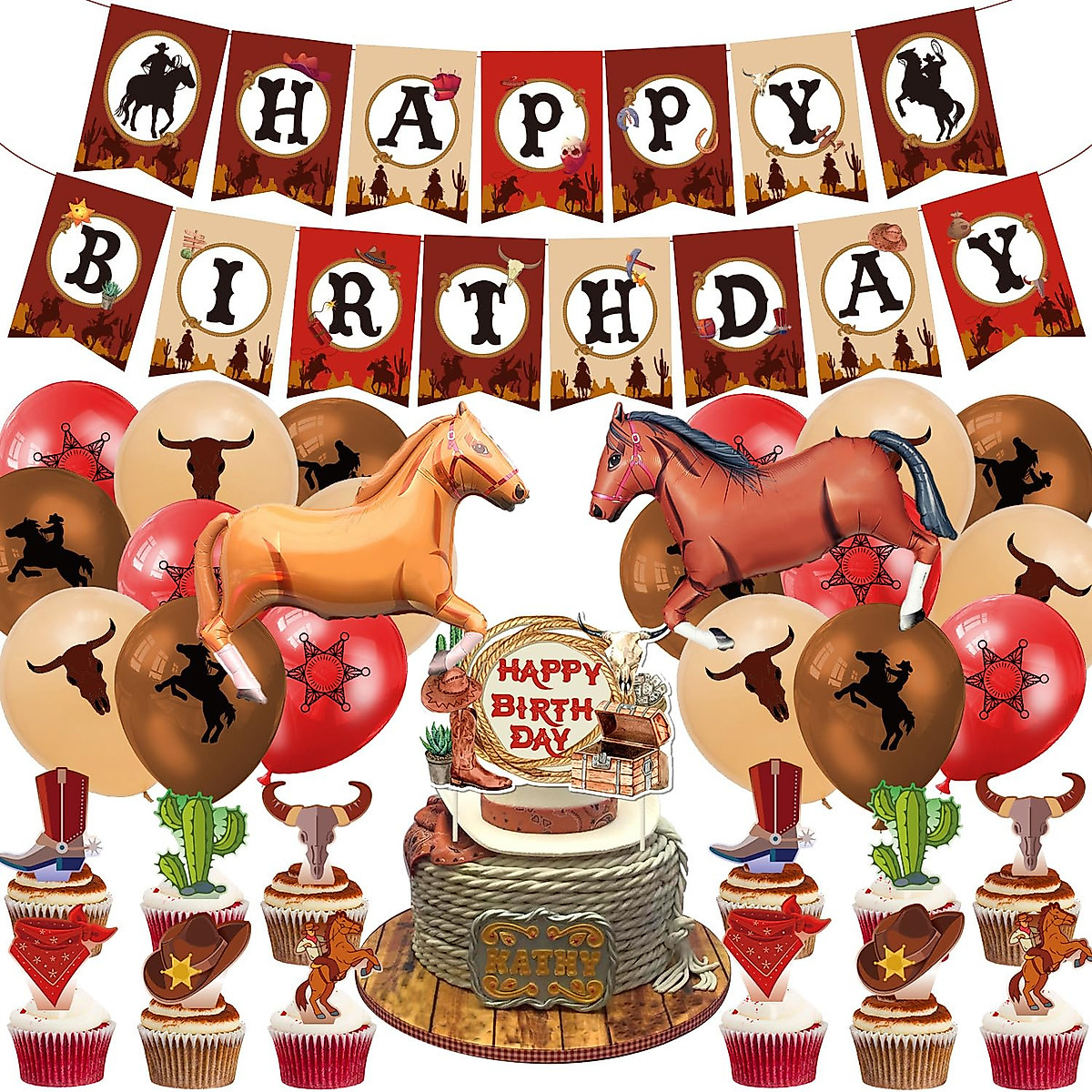 Western Cowgirl Party Supplies Including Horse Theme Happy Birthday Banner, Horse Hanging Swirls, Cake Toppers, Horse Balloon and Horse-Shaped Balloons for Horse Racing Party Retro Horse Rodeo Party