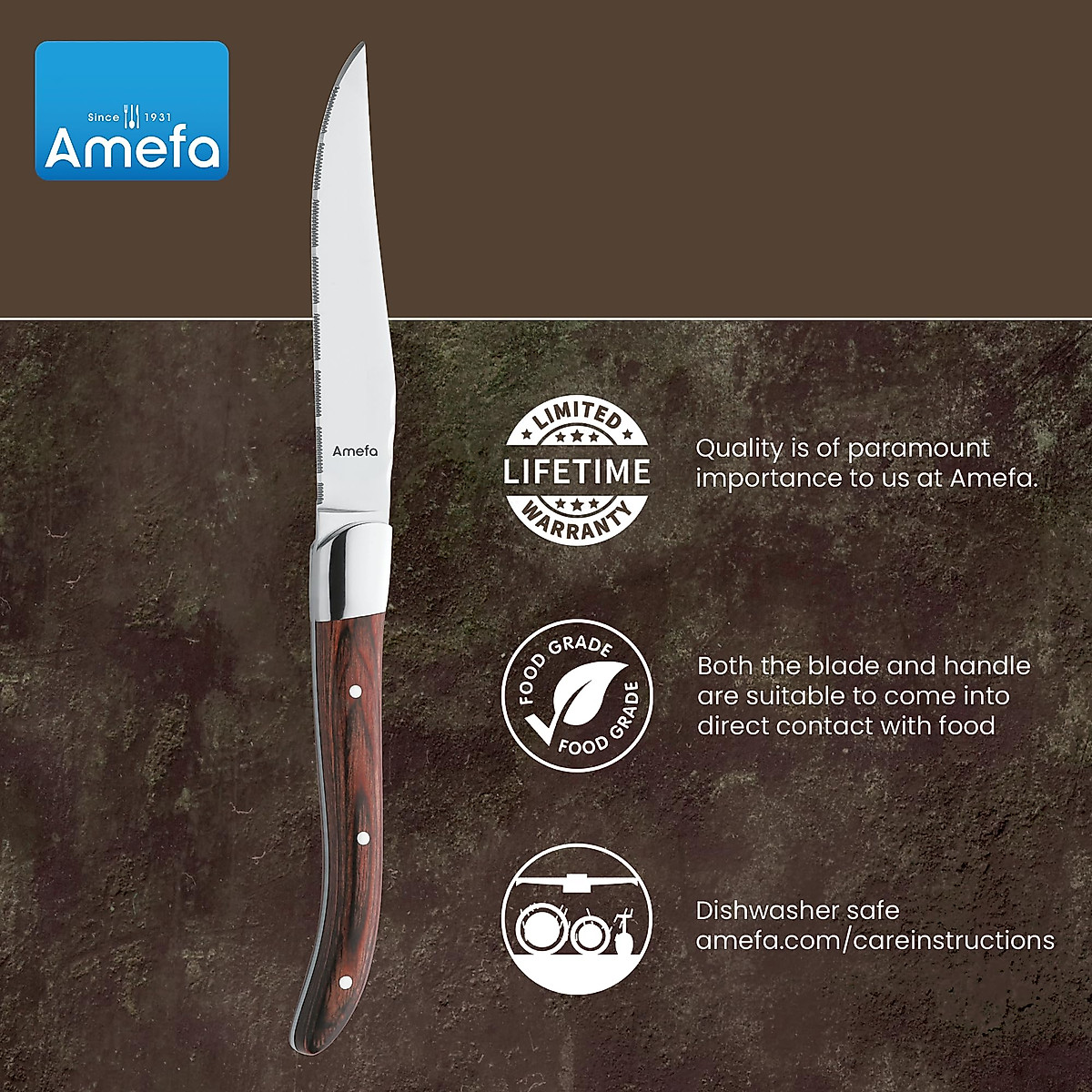 Amefa Royal Steak Knives, Set of 6, Premium Hardened Stainless Steel, Triple Rivet Pakka Wood Ergonomic Handle Design, Serrated Edge 4 Inch Blade Steak Knife, Dishwasher Safe.