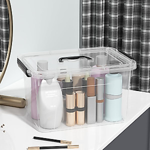 Jandson 4 Packs Plastic Storage Box with Handle, 10 L Clear Lidded Organizer Bin