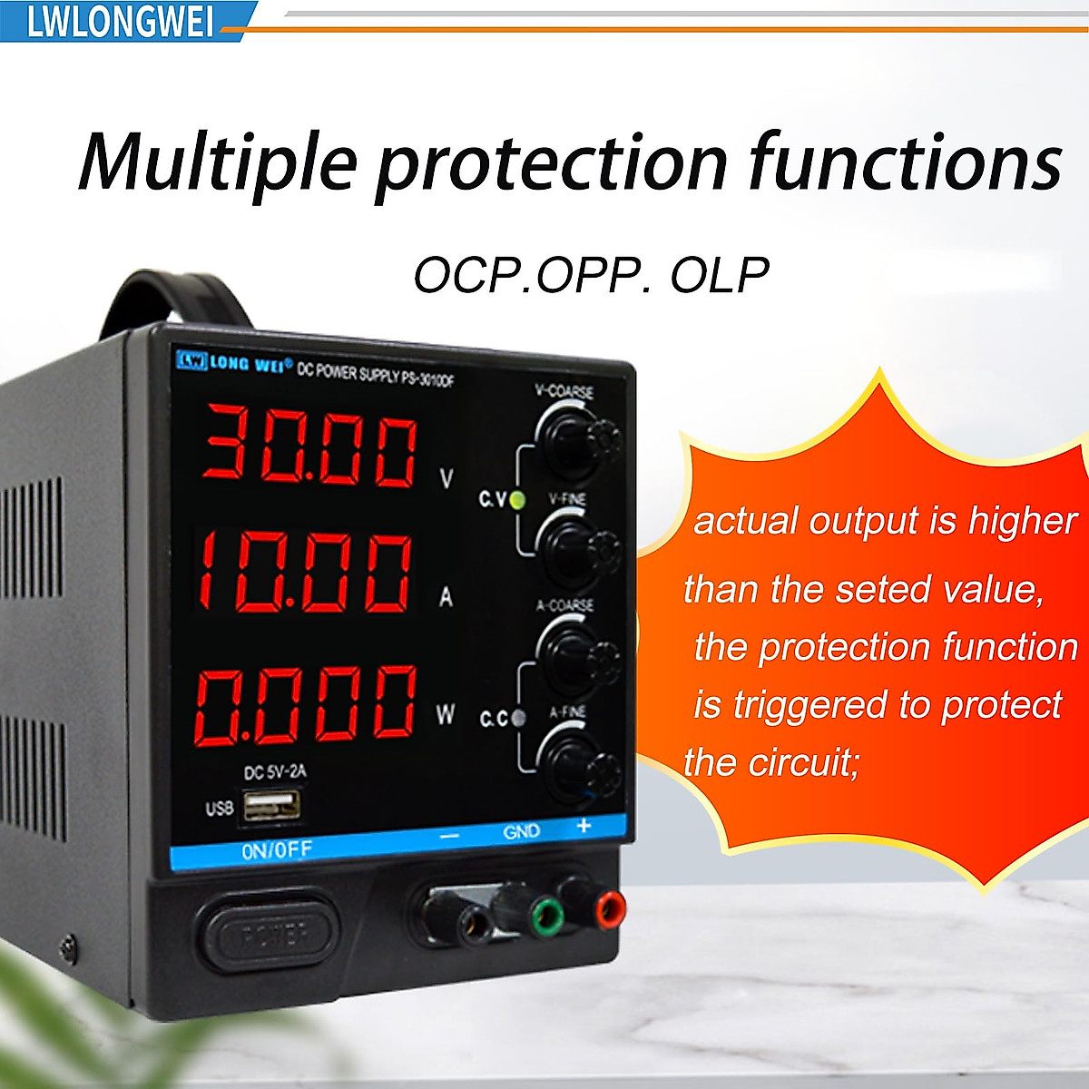 LWLONGWEI DC Power Supply Variable,30V 10A Adjustable Switching Regulated DC Bench Power Supply with 4-Digits LED Power Display, Coarse and Fine Adjustments with Alligator Leads Black