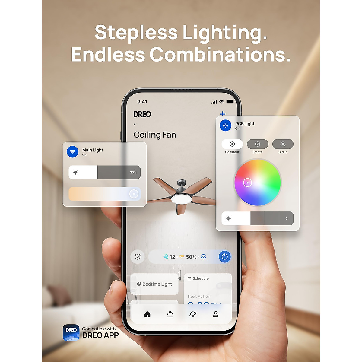 Dreo Smart Ceiling Fans with Lights, Low profile Ceiling Fan with Alexa/App, 52'' Dimmable Lighting & Color Tuning, RGB Ambient Light for Living Room, Game Room, Easy Installation, Quiet, Black
