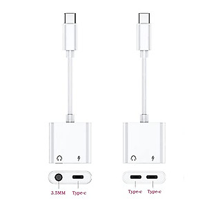 USB-C to 3.5mm and Dual USB-C Headphone Charging Adapter,2 in 1 Type C to Aux Audio Jack with PD Fast Charging Compatible with Samsung S22/S21 Note20/10 Pixel 5/4 iPad Pro Air.(2Pack)