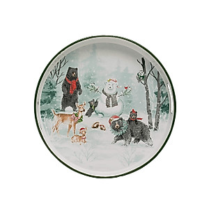 Creative Co-Op 15" Round Enameled Metal Serving Snowman Scene & Cutout Handles Tray, Multicolor