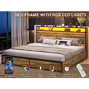 ADORNEVE King Size Bed Frame with Drawers, LED Bed Frame with 2 Tier Storage Headboard and LED Lights, Metal King Platform Bed with Charging Station, Double-Row Support Bars, Noise-Free, Vintage Brown