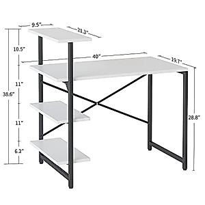 CubiCubi Small Computer Desk with Shelves 40 Inch, Home Office Desk, Study Writing Office Table, 3 Tier Shelf, White