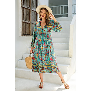 R.Vivimos Women's Long Sleeve Floral Print Retro V Neck Tassel Bohemian Midi Dresses (Medium, Green)
