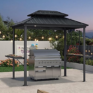PURPLE LEAF 6' X 8' Hardtop Grill Gazebo for Patio Permanent Aluminum Barbeque Shelter Gazebo Canopy with Ceiling Hook and Shelves Double Tiered Grey Outdoor BBQ Gazebo