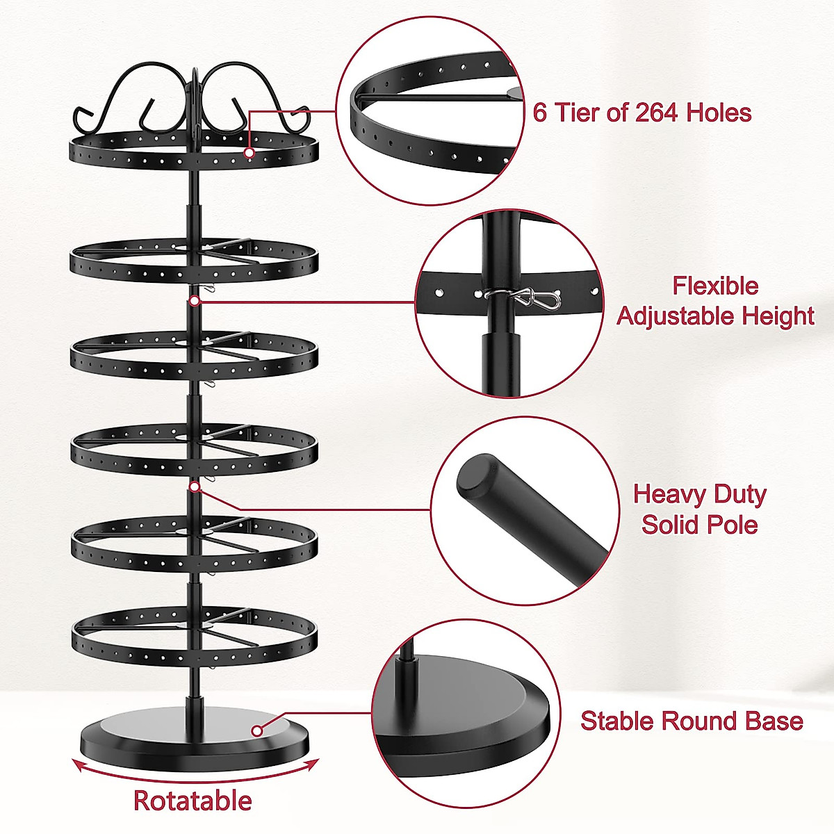 iDavosic.ly 6 Tier Metal Rotating Earring Holder Organizer, 264 Holes Earring Storage Display Tower Rack, Adjustable Earring Tree Organizer for Women Girl (Black)