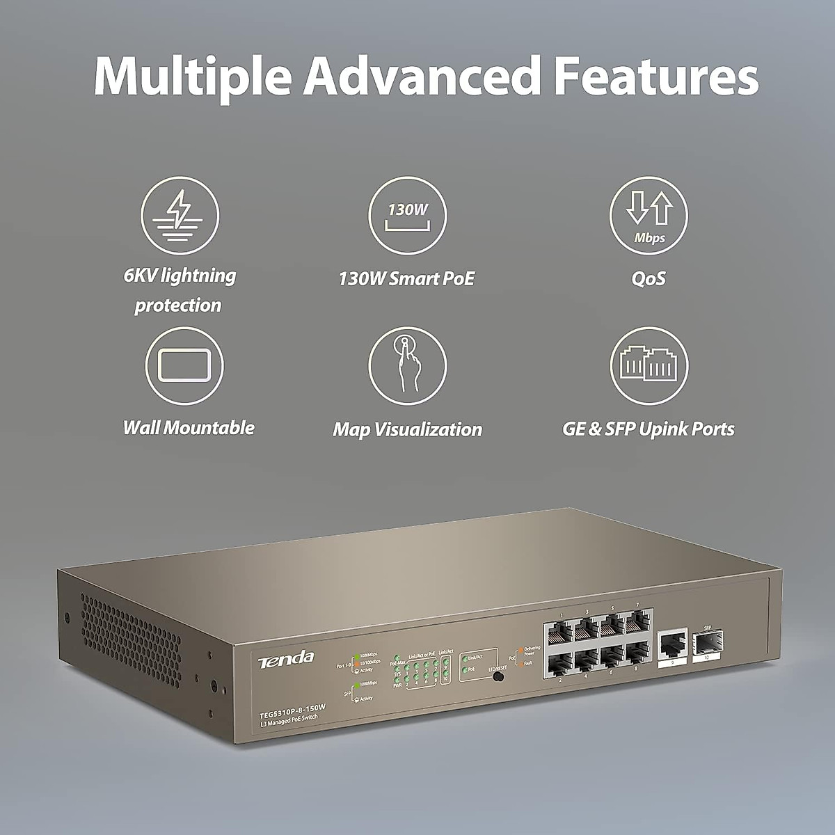 Tenda TEG5310P, Layer-3 Gigabit Managed PoE Switch, Enterprise 10 Port PoE Switch with 8 x PoE+ @ 150W, 1 x GE Port & 1 x SFP Port, Smart PoE Power Supply, Flexible QoS/ IGMP/ ACL/ ARP/ DHCP Snooping