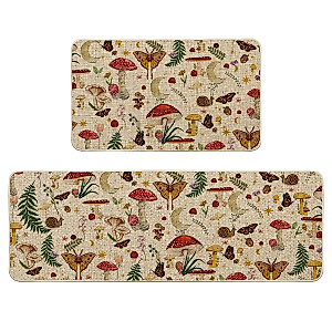 Artoid Mode Mushrooms Butterfly Spring Kitchen Mats Set of 2, Home Decor Low-Profile Kitchen Rugs for Floor - 17x29 and 17x47 Inch