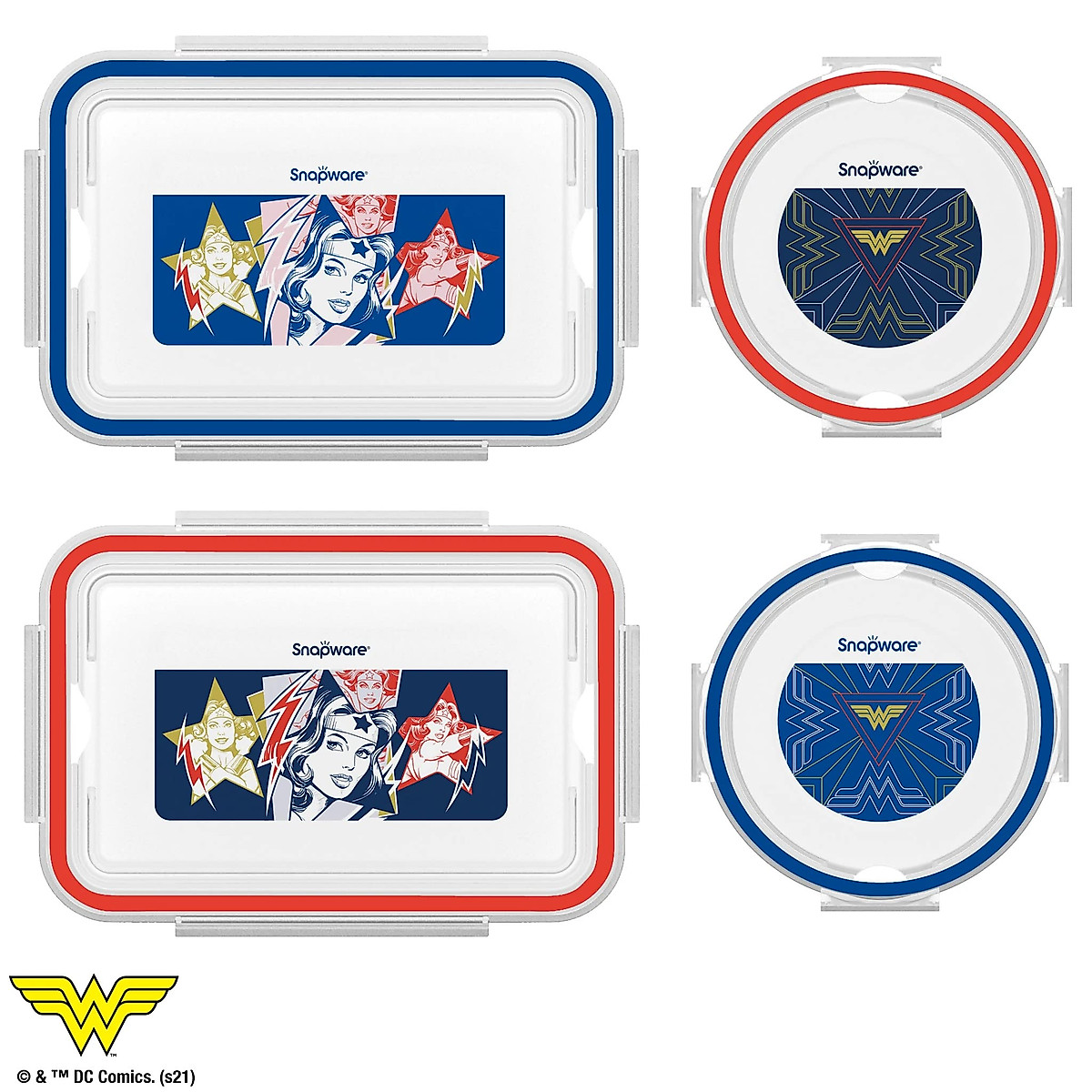 Snapware 8-Pc Plastic Food Storage Containers Set, 4.6-Cup & 3-Cup Meal Prep with Lid, BPA-Free 4 Tab Locking Lids, Dishwasher, Microwave, and Freezer Safe, Wonder Woman