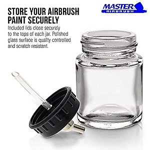 Master Airbrush (Pack of 10) TB-002 Empty 3/4 Ounce (22cc) Glass Jar Bottles with 30° Down Angle Adaptor Lid Assembly - Fits Dual-Action Siphon Feed Airbrushes, Use with Master, Badger, Paasche, Iwata