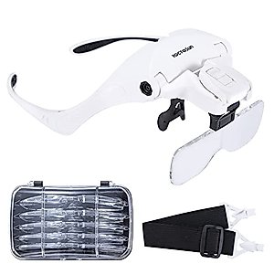 YOCTOSUN Head Magnifying Visor with 4 LED Lights and 5 Detachable Lenses 1X, 1.5X, 2X, 2.5X 3.5X - Hands-Free Headband Magnifier Glass for Jewelry, Arts, Crafts and Close Work