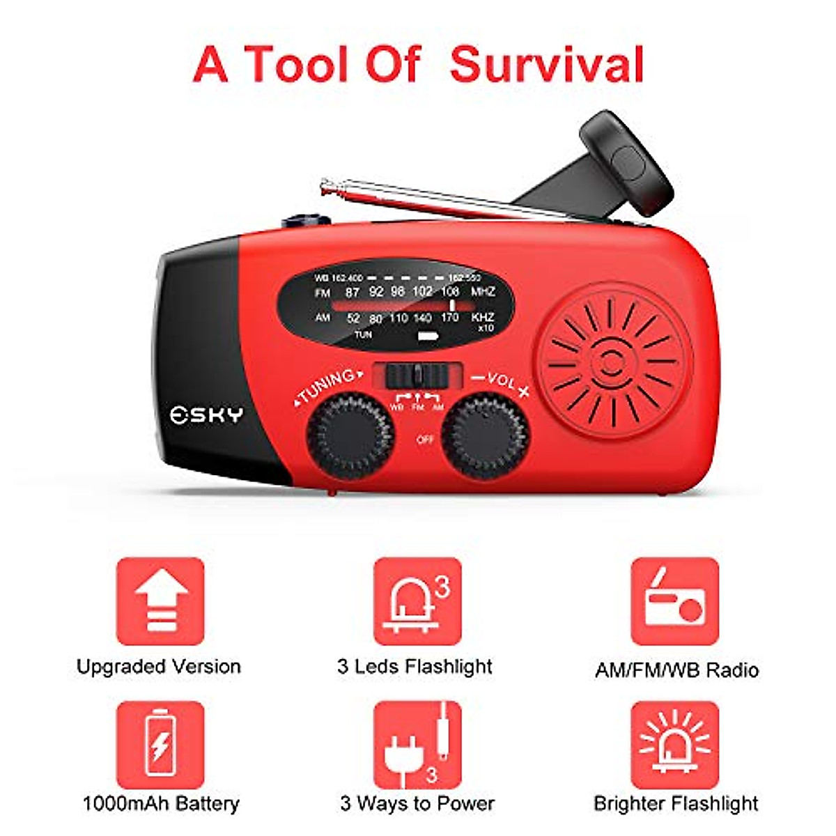 Emergency Hand Crank Radio with 3 LED Flashlight, Esky AM/FM/NOAA Portable Weather Radio with 2000mAh Power Bank Phone Charger, Solar Powered USB Charged Radio for Indoor Outdoor Camping, SOS Alarm