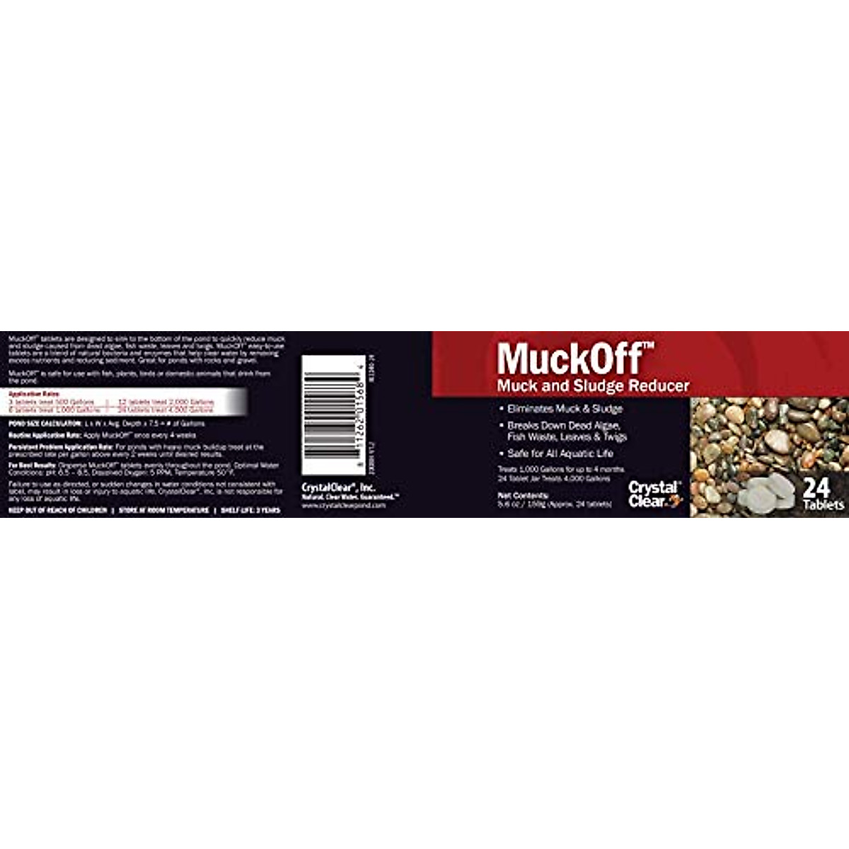 CrystalClear MuckOff, Natural Pond Muck Remover, Clears Away Muck & Sludge, Easy to Use Bacteria & Enzyme Tablets, Safe Water Treatment, Treats 1,000 Gallons, 4 Month Supply, 24 Tablets, 5.6 oz