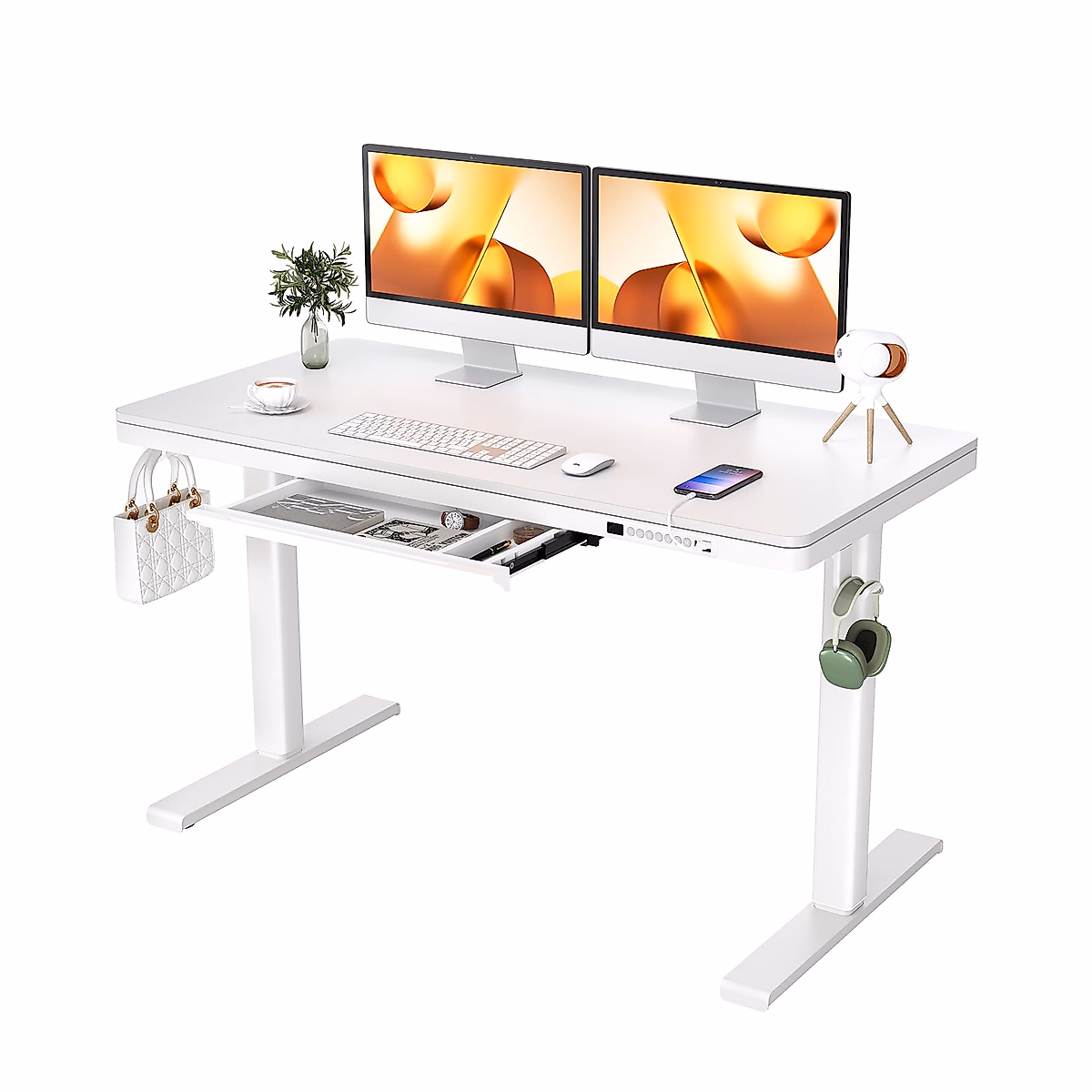ErGear Dual Motor Electric Standing Desk with Drawers,48x24 Inch Whole-Piece Quick Install,Height Adjustable Stand up Sit Stand Home Office Ergonomic Workstation with USB Charging Ports(White)
