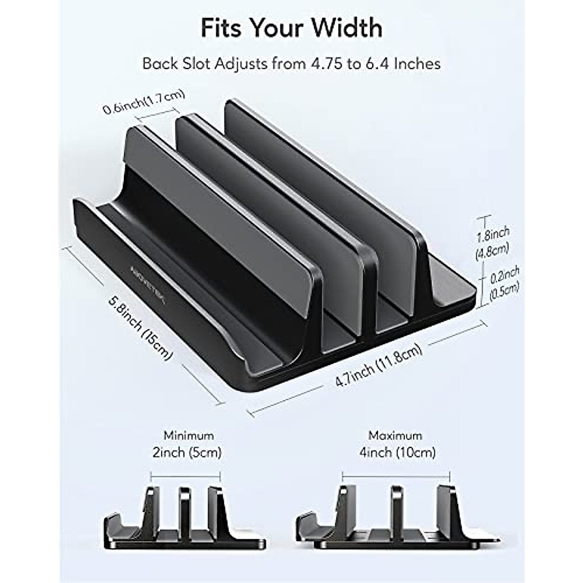 AboveTEK Vertical Laptop Stand 3 Slots for Computer, Tablet, Phone - Fits All Laptop Models (up to 17.3") - Heavy Duty Polished Aluminum Desktop Holder - Anti Slide Silicone Grips - Black