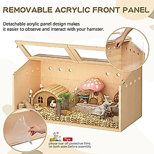 COZIWOW Wooden Hamster Cage, Animal Cabinet for Dwarf Syrian Hamsters Degus, Hamster Habitat with Openable Top and Large Acrylic Sheets, Small Animal Cage for DIY, Wood Color