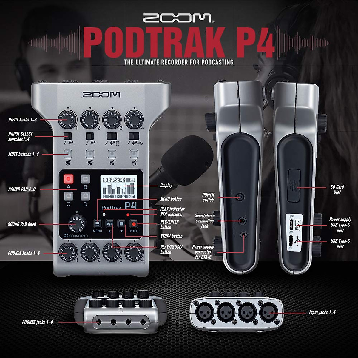 Zoom PodTrak ZP4 Podcast Recorder Audio Interface has 4 Mic Inputs, 4 Headphone Outputs plus a Basic Accessories Bundle Including a Samson SR360 Headphones a Memory Card and more