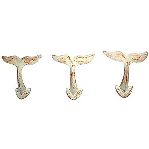Rustic White Cast Iron Whale Tail Wall Hooks, 4 1/2 Inches, Set of 3