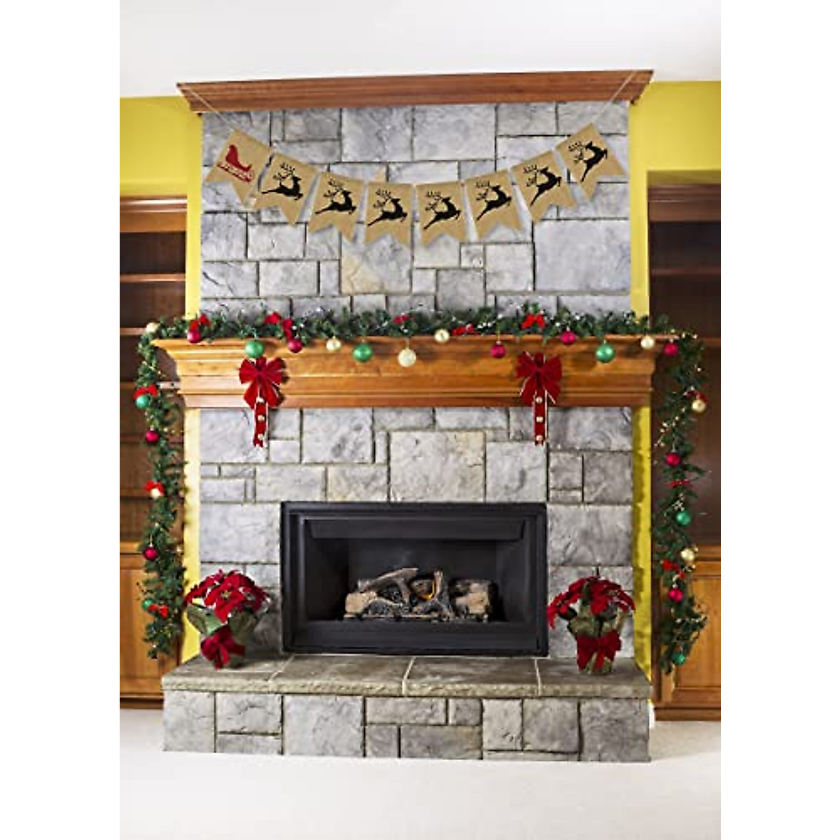 Santa's Sleigh & 7 Reindeer Burlap Banner - Ready to Hang Holiday Decor - Festive Christmas Seasonal Winter Decoration - Santa Sleigh Xmas Party Decorations - Santas Sleigh Garland by Jolly Jon