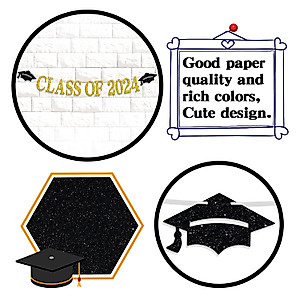 Class of 2024 Banner, Congrats Grad Bunting Sign for 2024 High School College Graduation Party Decorations Supplies, Black and Gold Glitter