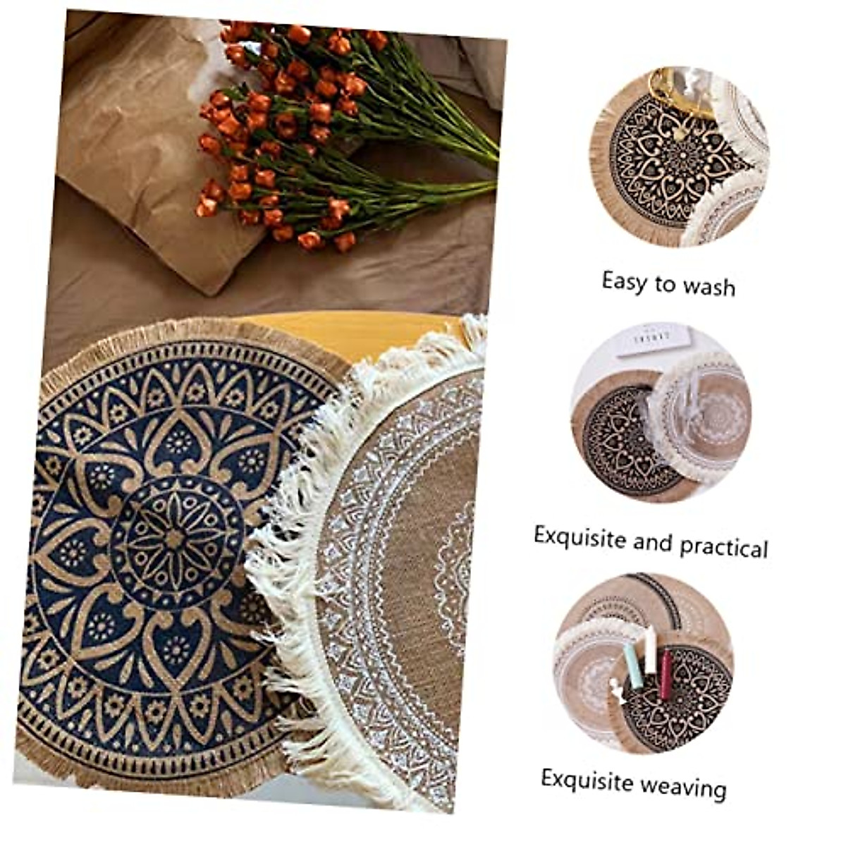 DECHOUS 1pc Jute Placemats Glass Coasters for Drinks Natural Home Decor Office Desk Decorations Mandala Dinking Coasters Round Cup Mat Pad Dining Table Placemat Household Place Mat Linen