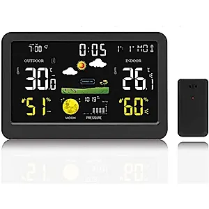 ONOTEC Weather Station Wireless Indoor Outdoor Thermometer with Atomic Clock, Color Large Display Digital Weather Forecast Stations Thermometer with Alarm Clock (Size : 1)