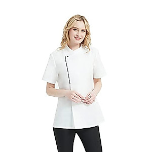 TOPTIE Women's Chef Coat with Contrast Piping Short Sleeve Chef Jacket White