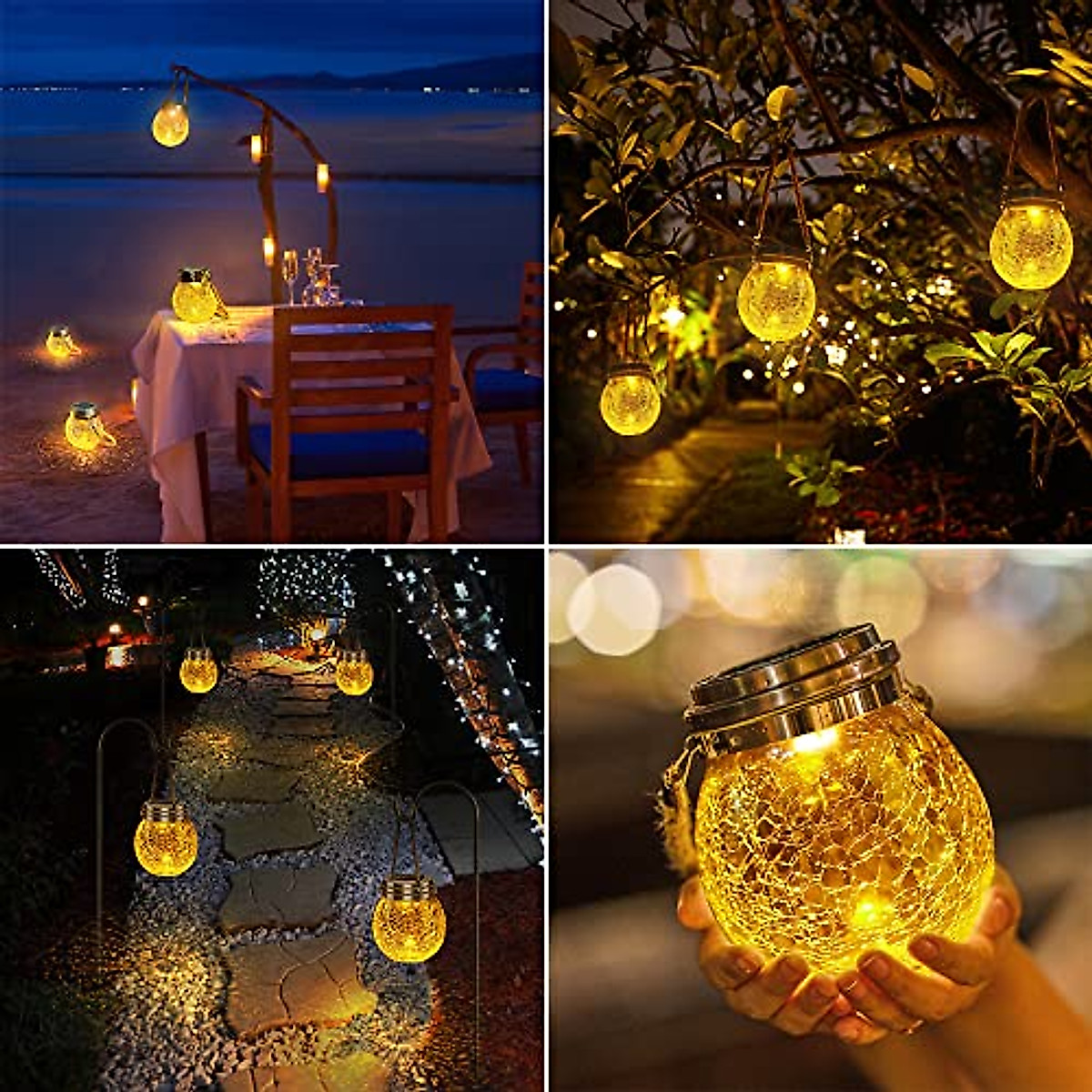 TonyEst Outdoor Solar Lantern, 2 Pack LED Amber Warm Hanging Lanterns Garden Solar Lights Decorative Crackle Glass Ball Waterproof, Solar Powered with 2 Optional Modes for Table Deck Yard Patio Decor