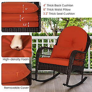 MEDIMALL Outdoor Wicker Rocking Chair, Patio Rattan Rocker w/Lumbar Pillow, Padded Seat & Back Cushions, Metal Frame, Mix Brown Wicker Furniture for Balcony, Porch, Deck, Backyard (Red)