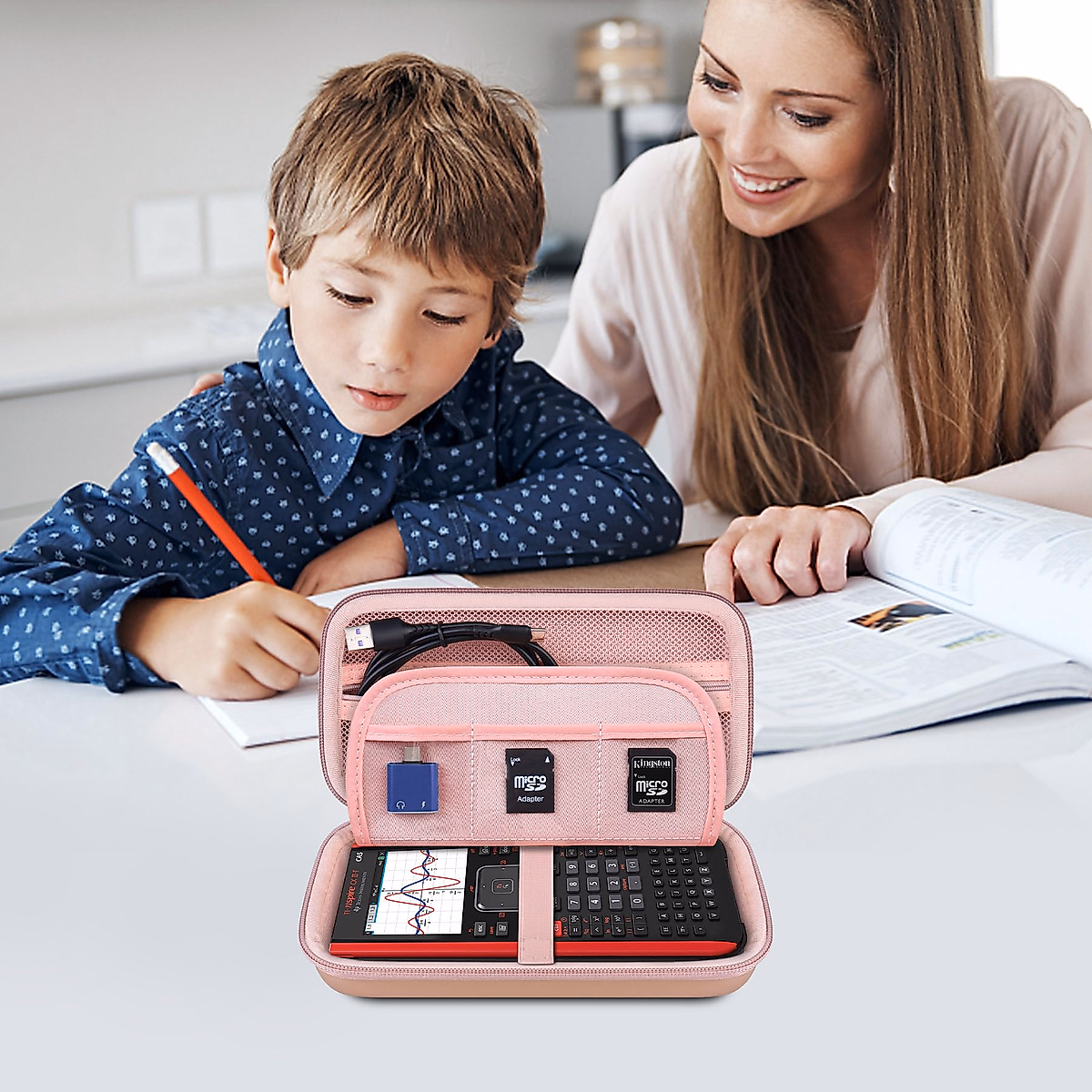 Elonbo Hard Travel Case for Texas Instruments TI-Nspire CX II CAS/CX II/CX CAS Color Graphing Calculator, Extra Zipped Pocket Fits Charging Cable, Charger, Manual, Rose Gold