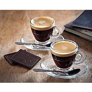 Espresso Cups, 3.2-Ounce. Small Demitasse Clear Glass Espresso Drinkware, Set Of 2 Cups, Saucers and Stainless Steel mini Spoons, Hostess, Coffee Lover/Enthusiast,