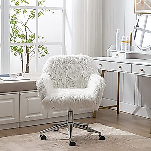 GOOLON Fuzzy Desk Chair Fluffy Office Chair Faux Fur Desk Chair Modern Swivel Chair with Armrest Vanity Chair Soft Comfortable for Woman Girl Living Dressing Room White