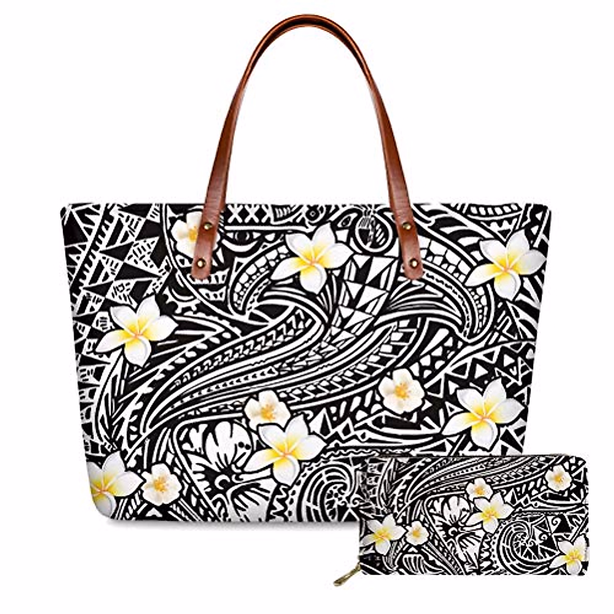 GIFTPUZZ VIntage Plumeria Print Handbag Set for Women Purse and Handbags Top Handle Tote Satchel with Long Wallet Leather Shoulder Bags Pockets Hobo Bag Storage Set 2pcs Polynesian Nukunonu Wings