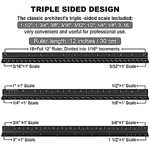 Architectural Scale Ruler Set, 2 Pack 12 Inch Aluminum Architect Ruler with Standard Metal Ruler, Imperial Architect Triangular Ruler with Etching for Architects, Engineers, Students and Draftsman