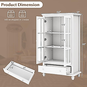 Giantex 55" White Bookcase with Doors and Drawer, Tall Wooden Bookshelf Organizer with Adjustable Shelves, Freestanding Glass Display Storage Cabinet for Living Room Bedroom Kitchen Pantry