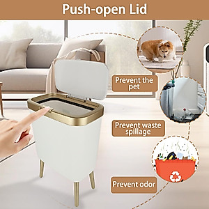 MUXHEL 1 Pcs Trash Can with Lid, White-Glod Trash Bin with Long Legs, PP Plastic Nordic Modern Waste Basket Dog Proof Trash Can for Indoor and Outdoor (4 Gallon)