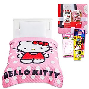 Hello Kitty Bedspread Twin Set for Kids - Bundle with Hello Kitty Quilted Bedspread for Twin Bed Plus Decal, More | Hello Kitty Twin Bedding Set for Girls