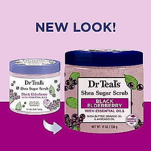Dr Teal's Shea Sugar Body Scrub, Black Elderberry with Essential Oils, 19 oz (Pack of 3) (Packaging May Vary)