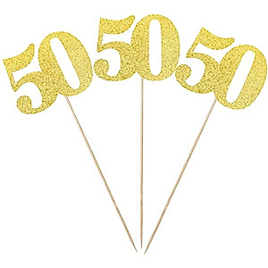 12 PCS Glitter 50th Birthday Centerpiece Sticks Number 50 Cake Toppers Fifty Table Flower Topper Decorations for 50th Birthday Anniversary Party Centerpiece Supplies Gold