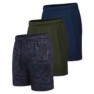 COOFANDY Men's Running Shorts 3 Pack Quick Dry Athletic Workout Gym Shorts with Pockets,Black Camo/Army Green/Navy Blue,Large