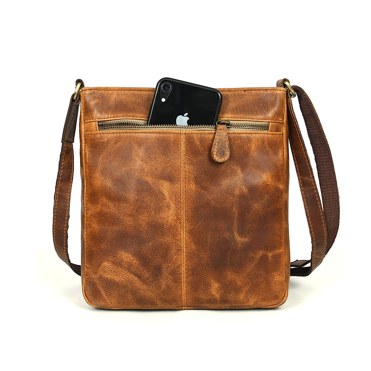Aaron Leather Goods Women Crossbody bag with Metal Zipper Brown Black (Chestnut)