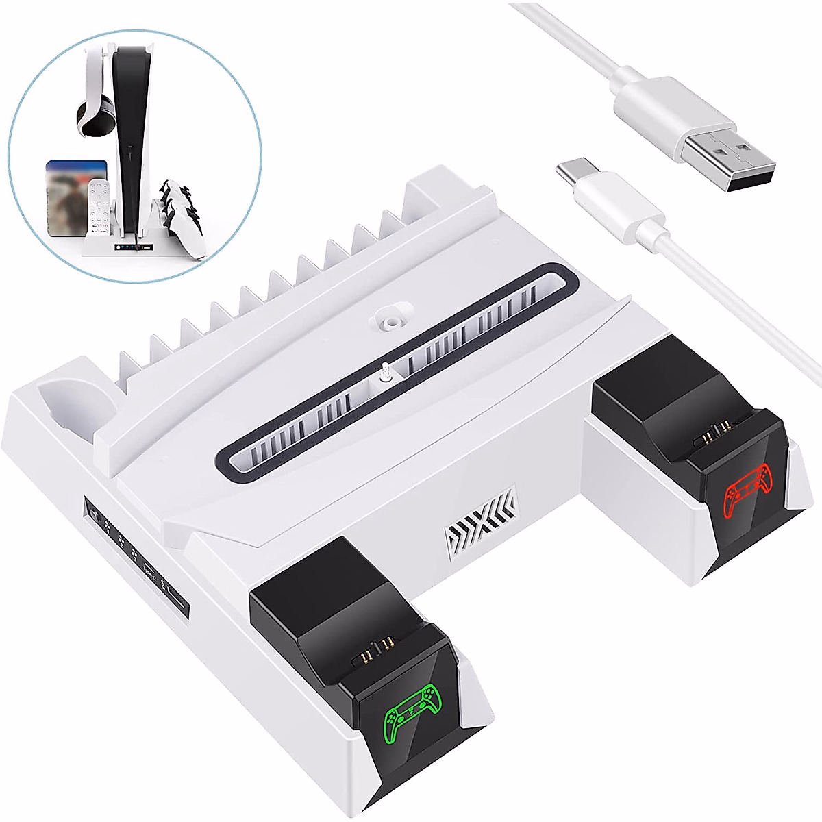 TREE.NB PS5 Stand with Suction Cooling Station, PS5 Controller Charging Station Compatible with Charging Dock Station and 12 Games Storage-Included Cable, Headphone Hook